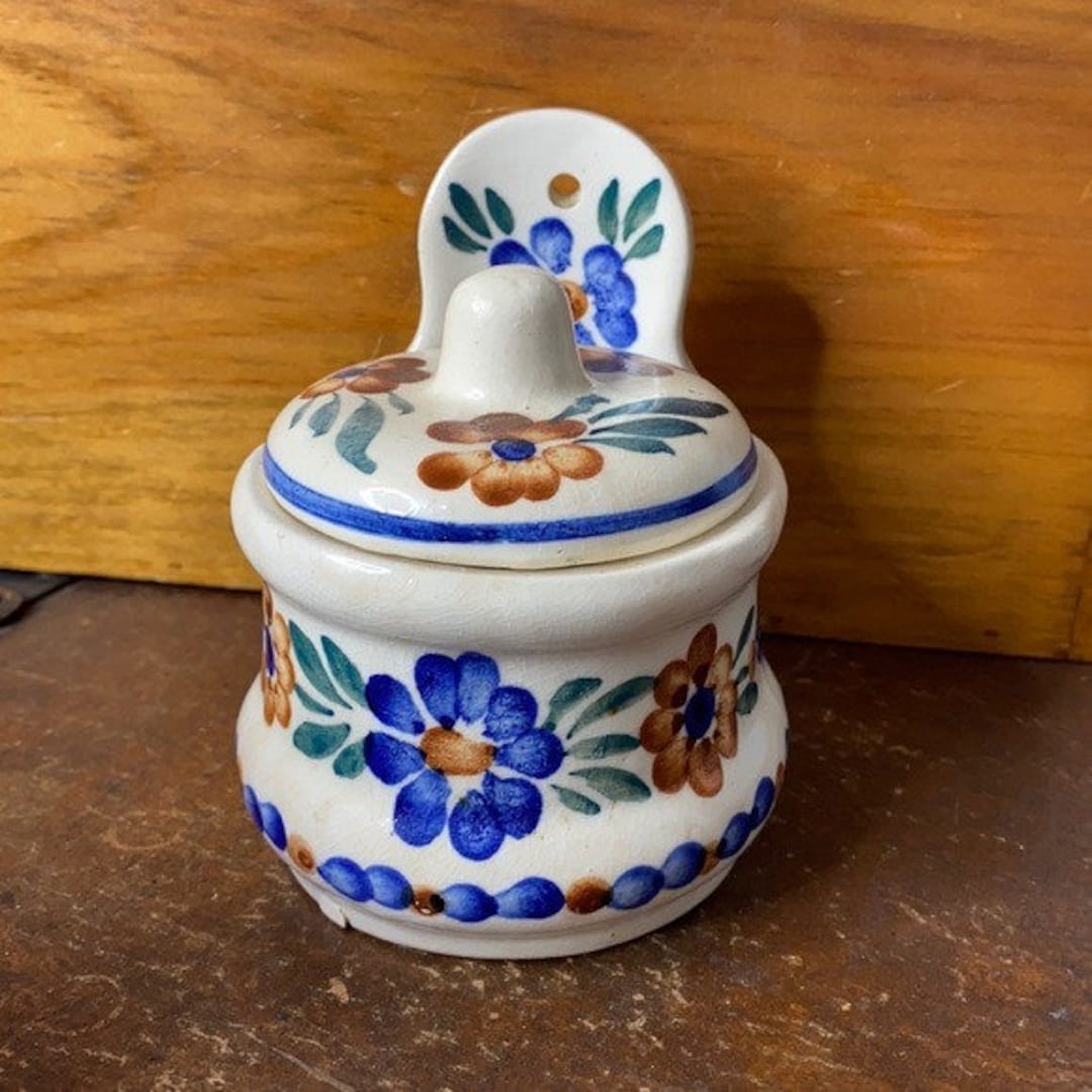 Vintage Wall Salt Box - Hand Painted Floral Ceramic Hanging Pottery ...
