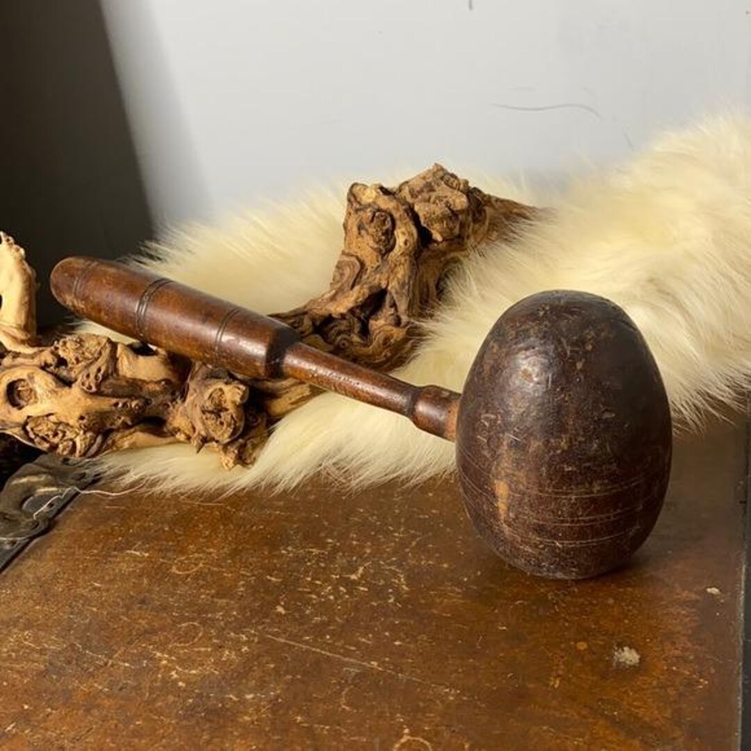 Antique Wood Mallet - Egg Shaped Wooden Hammer - Solid Brown Etched ...
