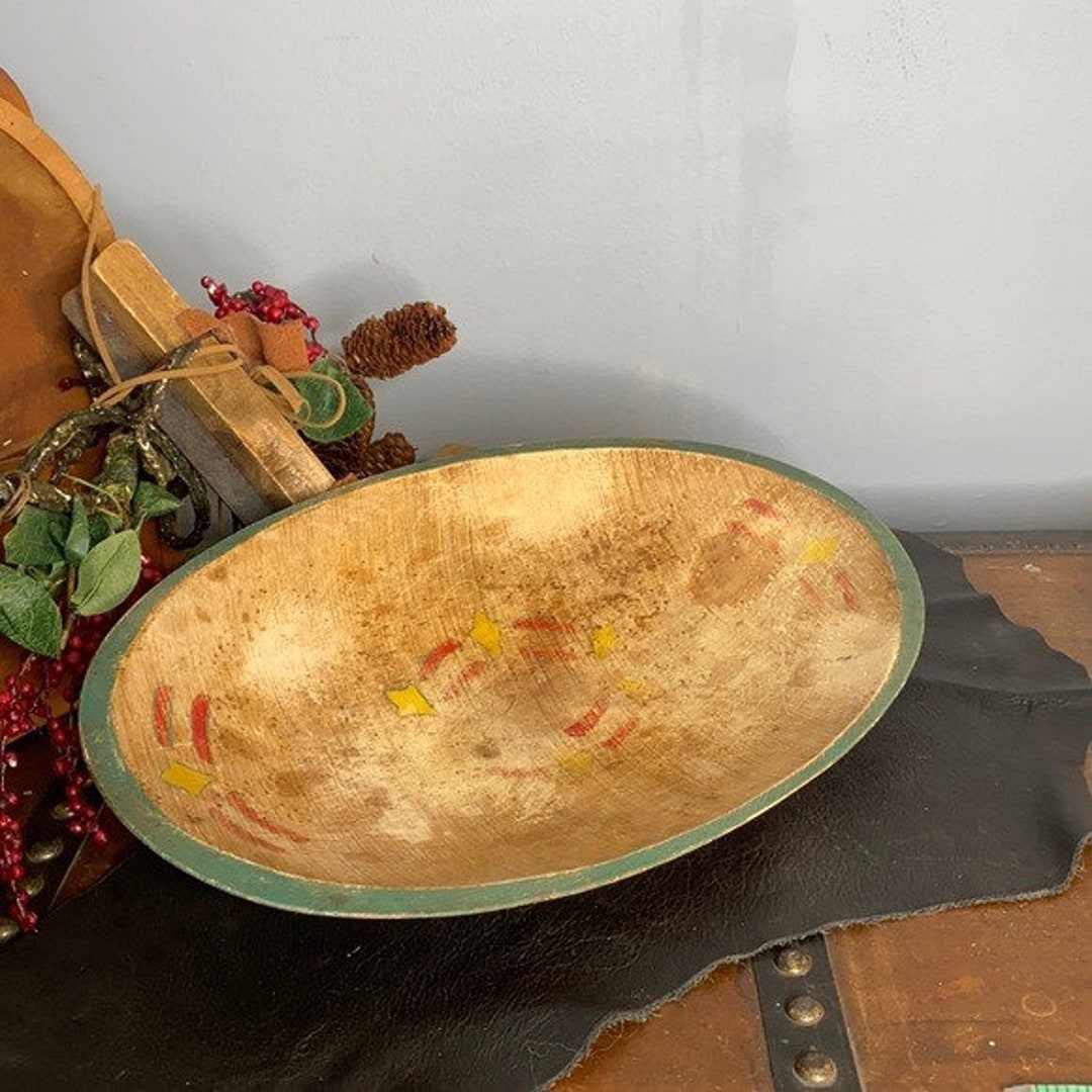 Antique Oval Wood Bread Bowl - Hand Painted Decorative Wooden Fruit ...