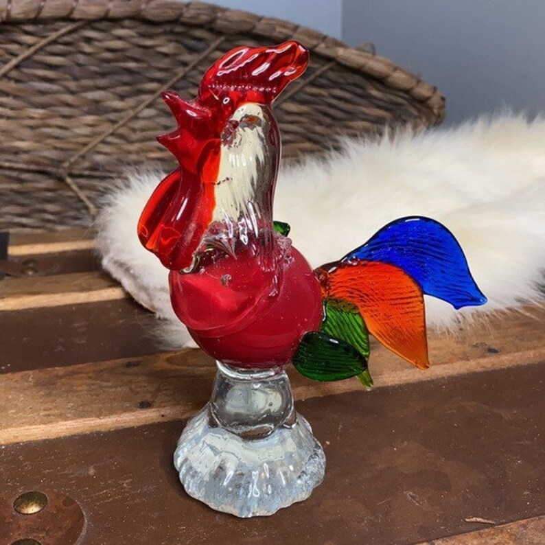 Vintage Glass Rooster Figurine Hand Blown Art Glass Colorful Glass ...