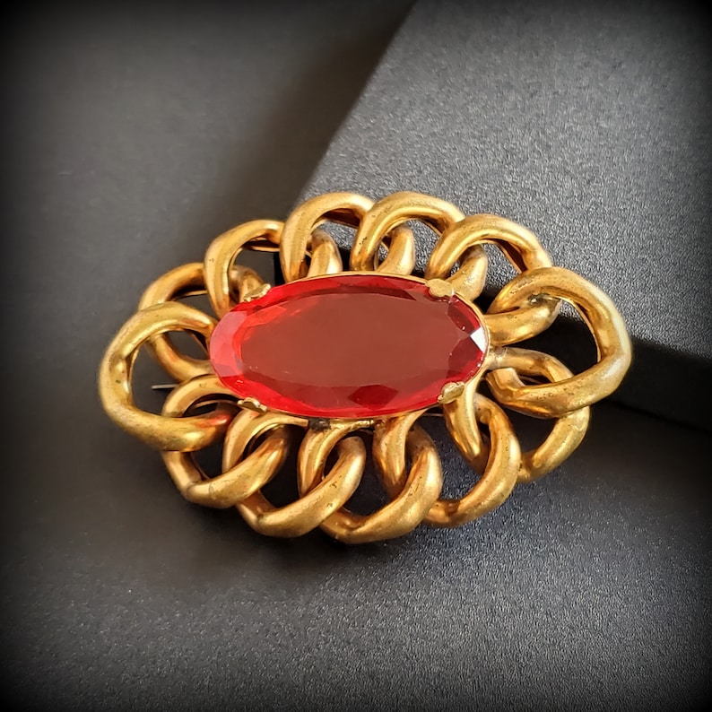 Vintage Huge Brooch, Big Bold Avant Garde Brooch, Red Stone Gold ...