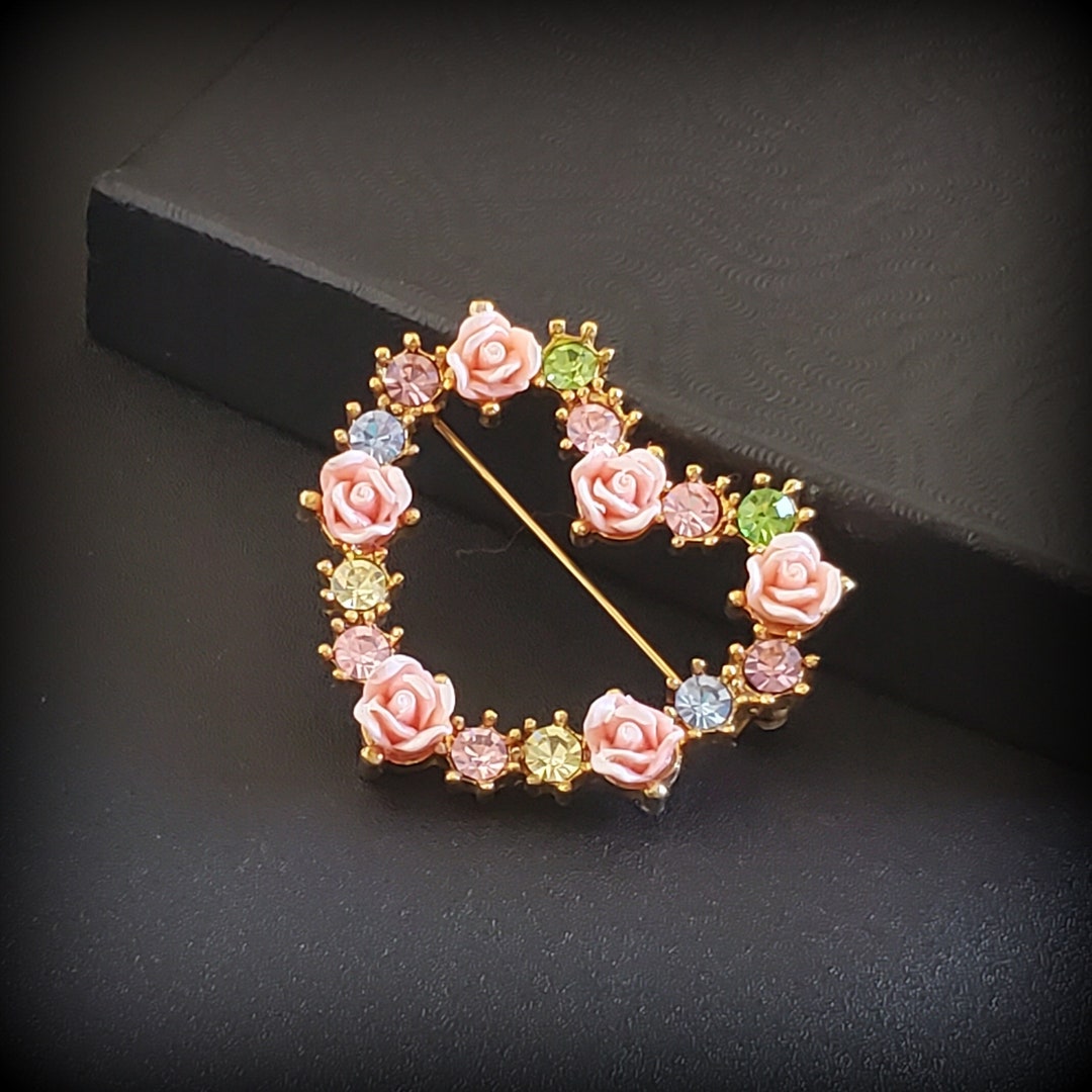 Vintage Avon Heart Brooch, Pink Flower Wreath Brooch, Colorful Floral ...
