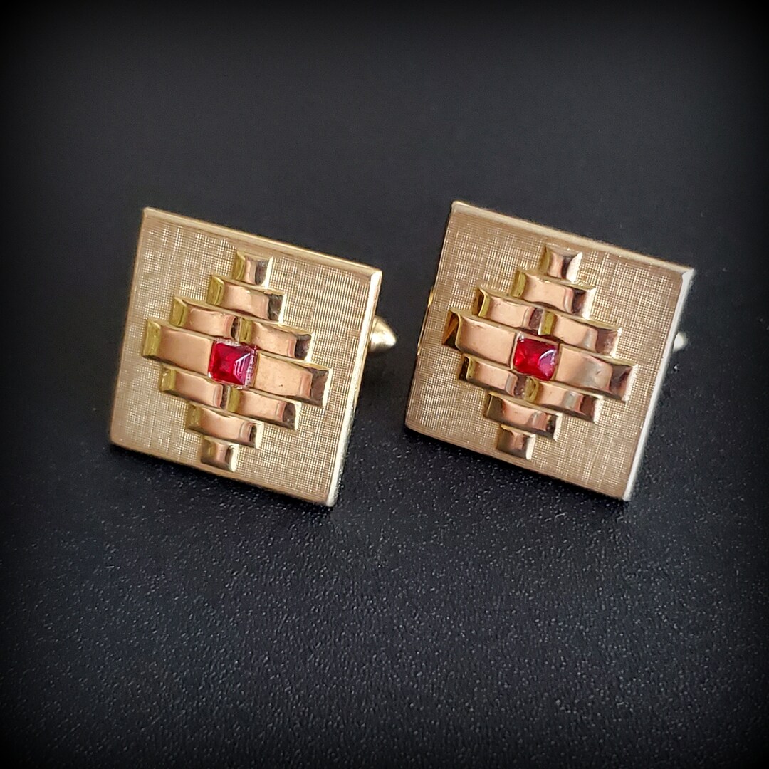 Vintage Swank Gold Square Cuff Links, Red Rhinestone Cuff Links, Father ...