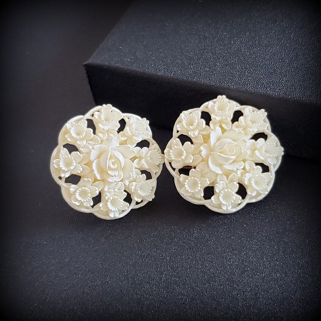 Vintage Celluloid Earrings, Carved Flower Clip on Earrings, Creamy ...