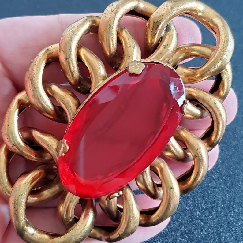 Vintage Huge Brooch, Big Bold Avant Garde Brooch, Red Stone Gold ...