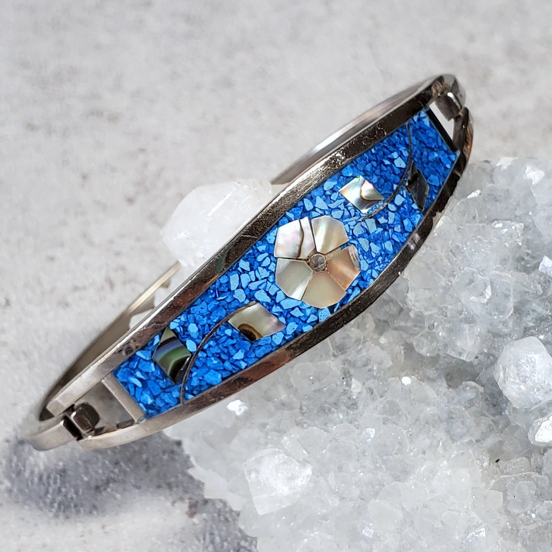 Vintage Blue Stone Inlay Bracelet, Mexico Alpaca Bracelet, Flower ...