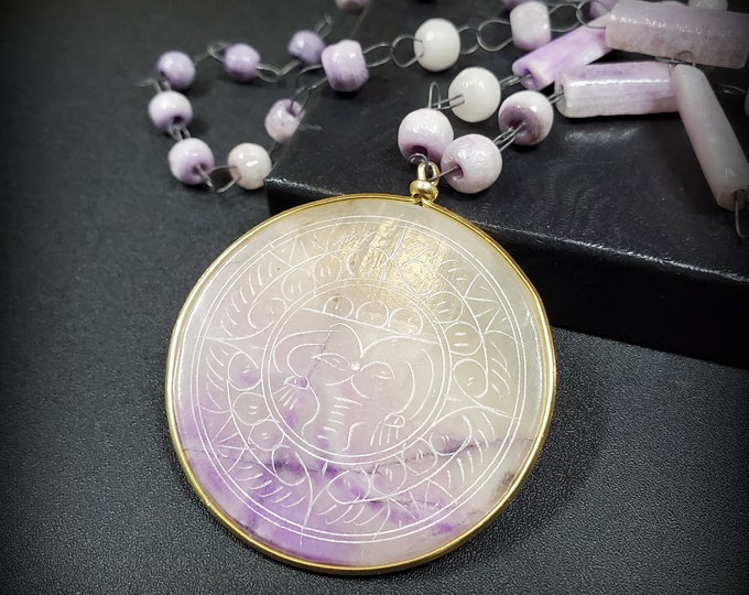 Vintage Mexican Aztec Pendant Necklace, Carved Onyx Purple Stone ...