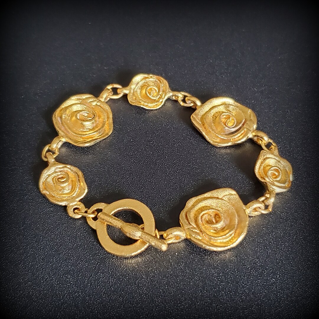 Vintage Rose Bracelet, 3D Roses Mate Gold Tone Flower Link Bracelet ...