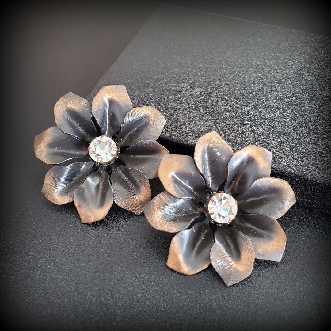 Vintage Extra Large Clip on Earrings, Black Bronze Tone Huge Flower ...