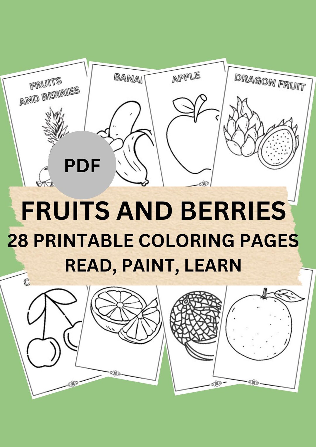 FRUITS AND BERRIES, Printable Coloring Pages, 28 Pages for Kids and ...