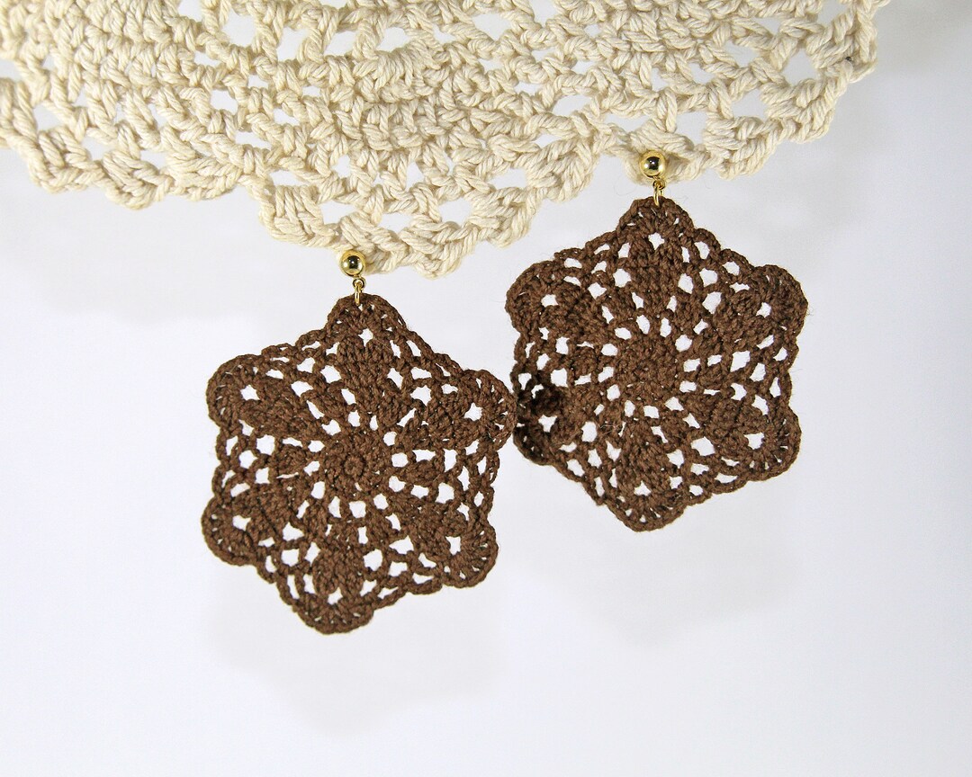 Mandala Crochet Statement Earrings Large - Brown Lace Lightweight ...