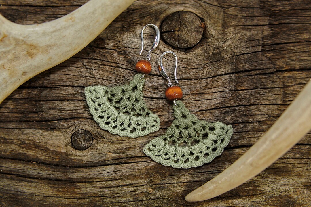 Green Fan Crochet Earrings - Bohemian Lace Earrings - Large Lightweight ...