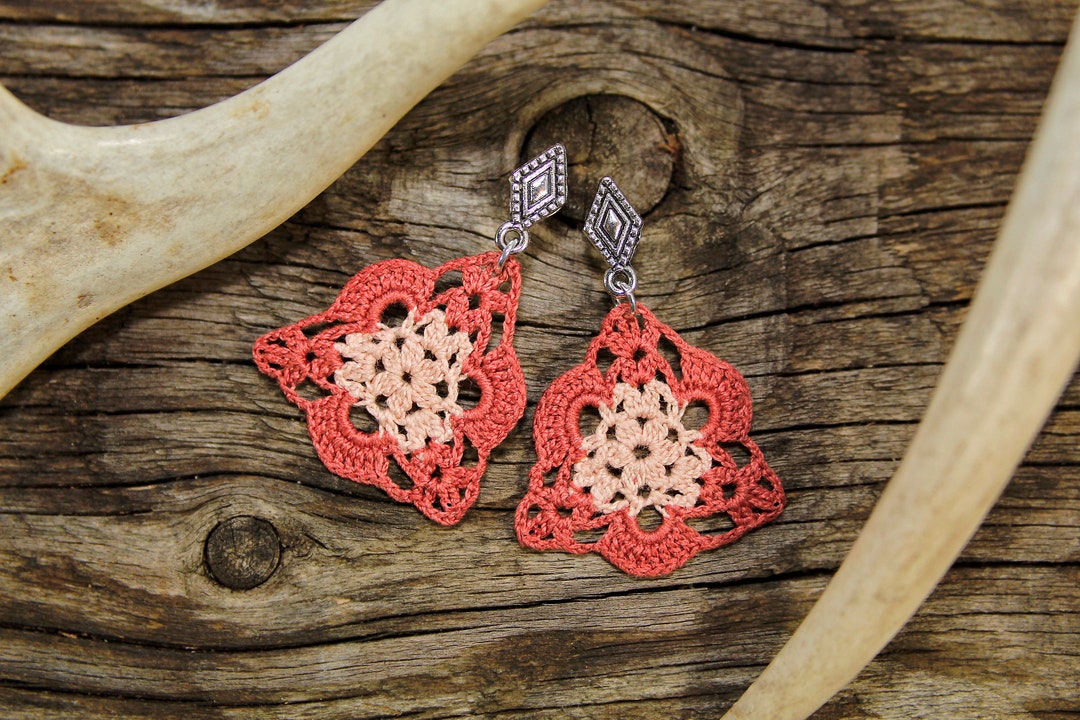 Pink Triangle Crochet Earrings - Geometric Boho Studs - Lace Mandala ...