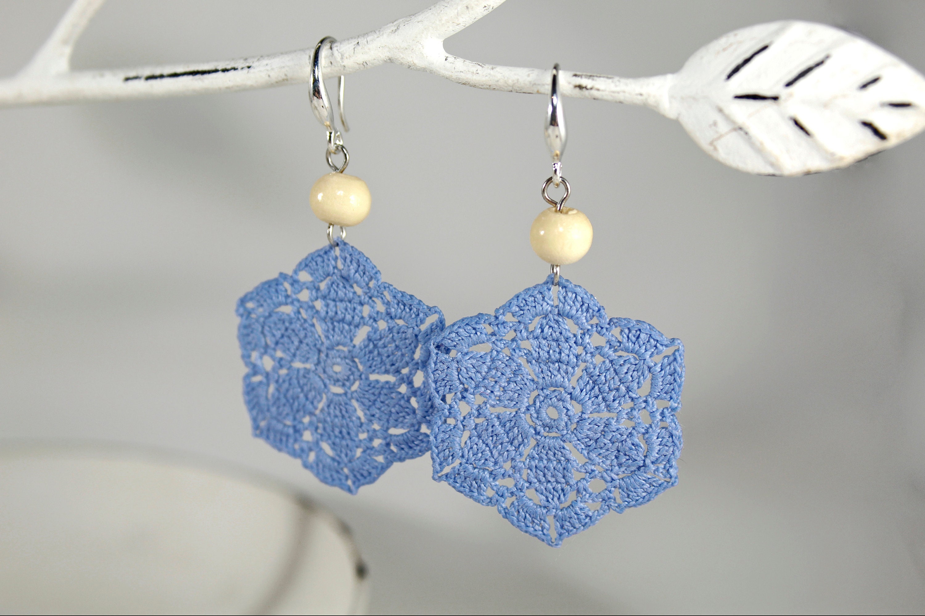 Light Blue Lace Earrings Baby Blue Crochet Earrings Large Mandala ...