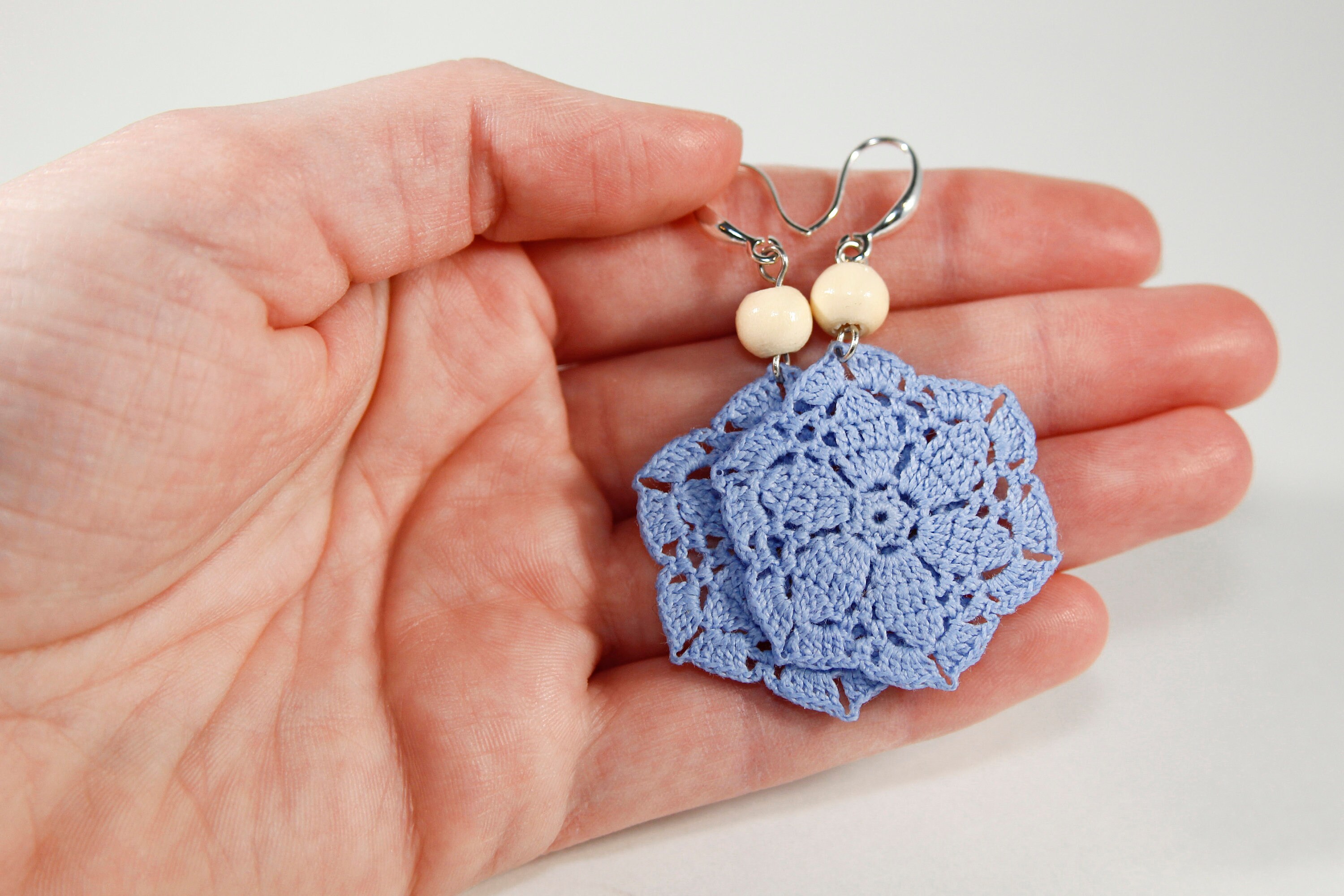Light Blue Lace Earrings Baby Blue Crochet Earrings Large Mandala ...