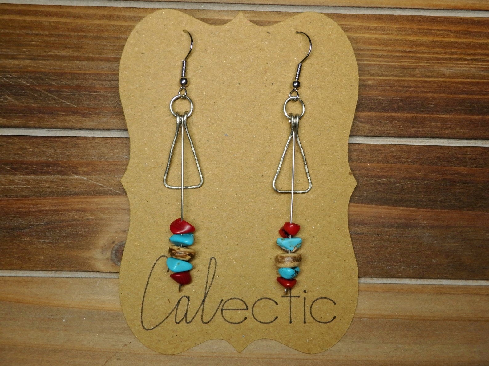 Triangle Silver Wire Earrings With Coconut Shell and Red and Turquoise ...