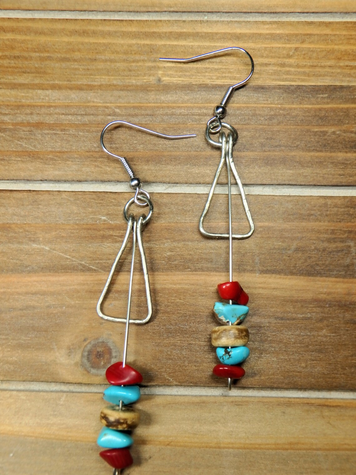 Triangle Silver Wire Earrings With Coconut Shell and Red and Turquoise ...