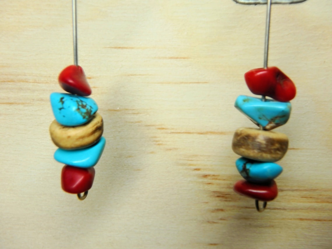 Triangle Silver Wire Earrings With Coconut Shell and Red and Turquoise ...