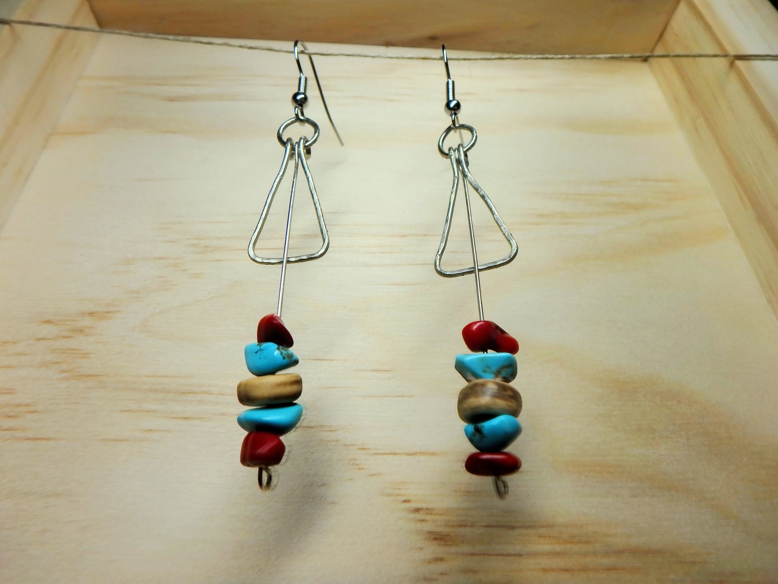 Triangle Silver Wire Earrings With Coconut Shell and Red and Turquoise ...