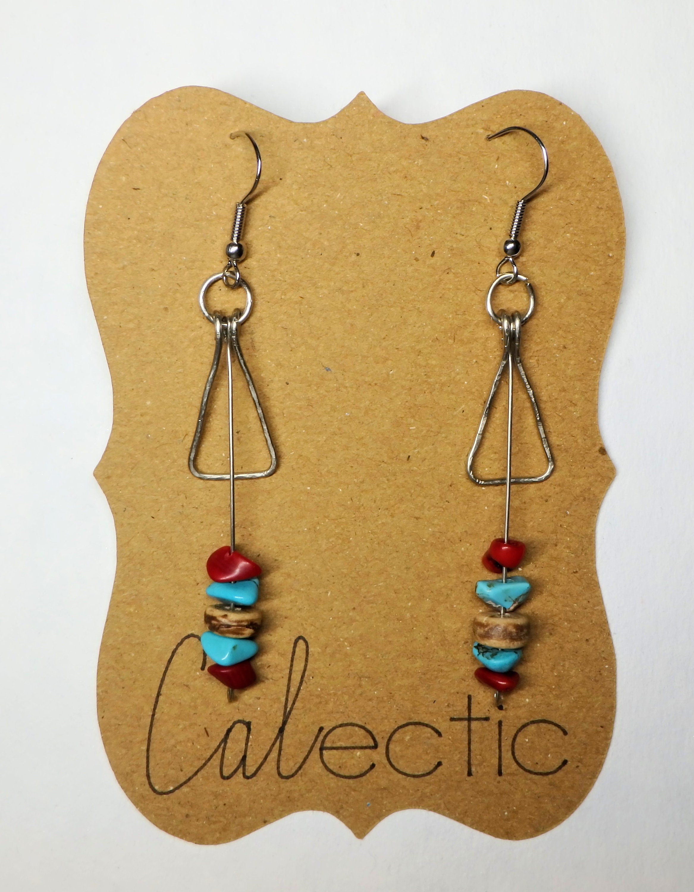Triangle Silver Wire Earrings With Coconut Shell and Red and Turquoise ...