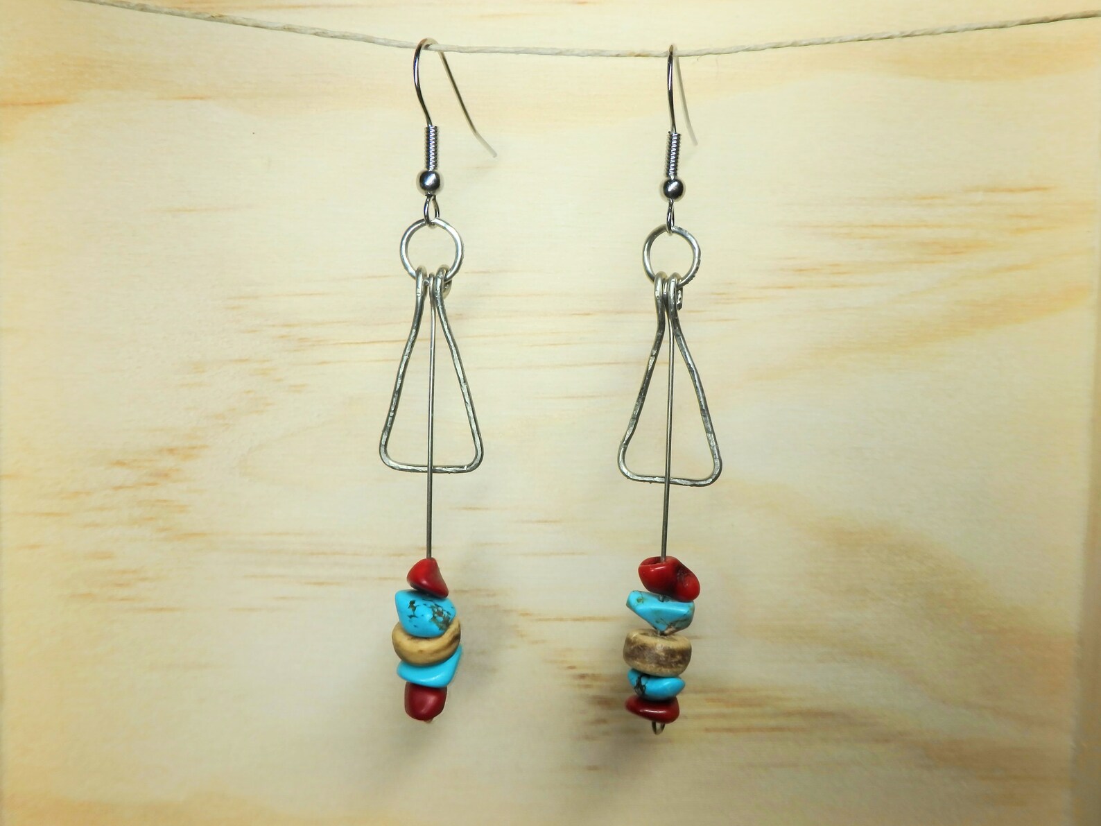 Triangle Silver Wire Earrings With Coconut Shell and Red and Turquoise ...