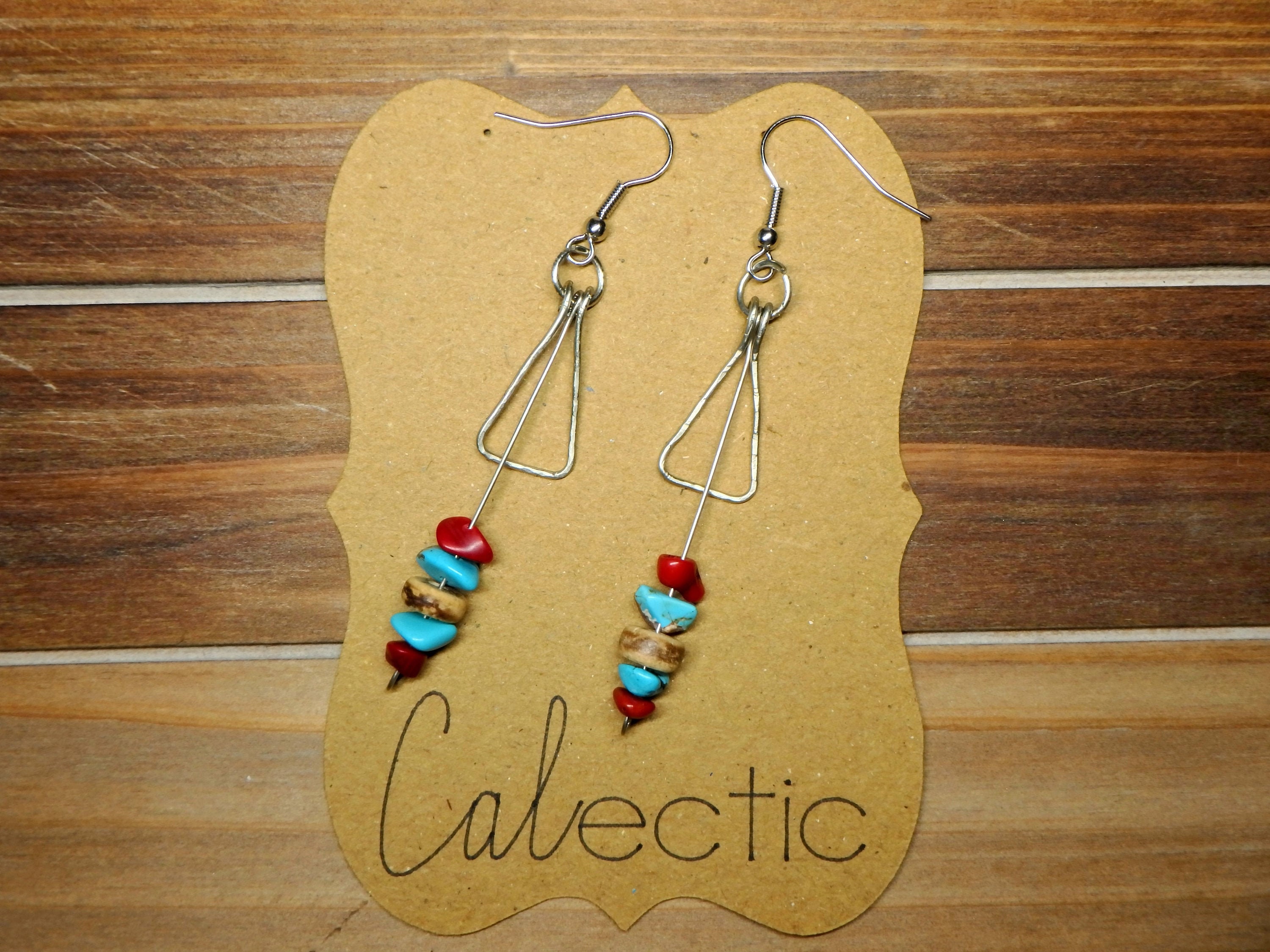 Triangle Silver Wire Earrings With Coconut Shell and Red and Turquoise ...