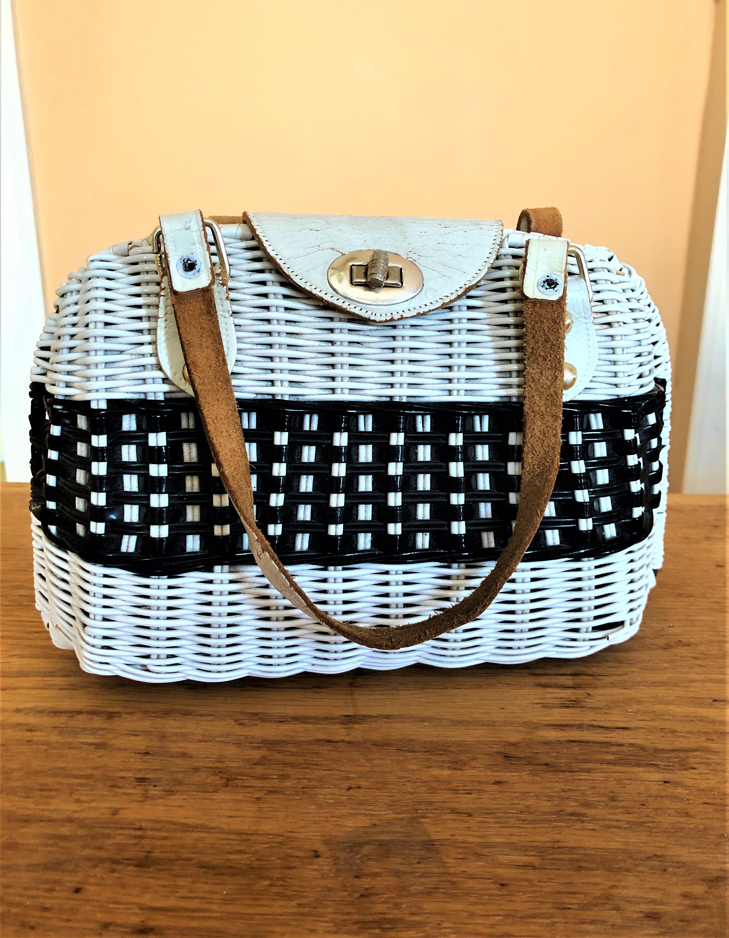 Vintage Black and White Coated Wicker Purse - Etsy