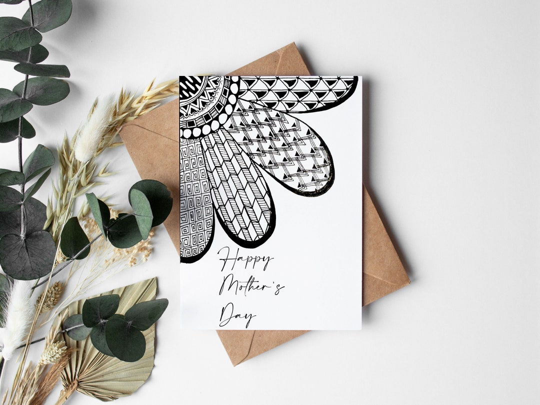 Zentangle Flower Mother's Day Card: Black and White Printable (digital ...