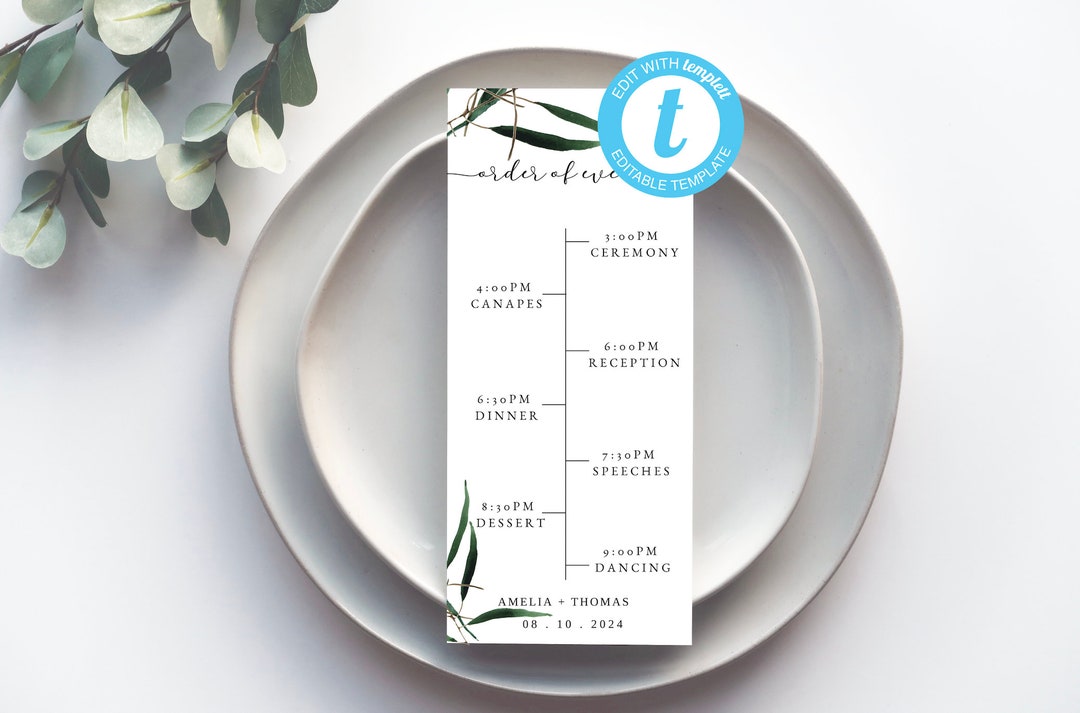 Leaf Wedding Program for Place Setting, Editable Wedding Program ...