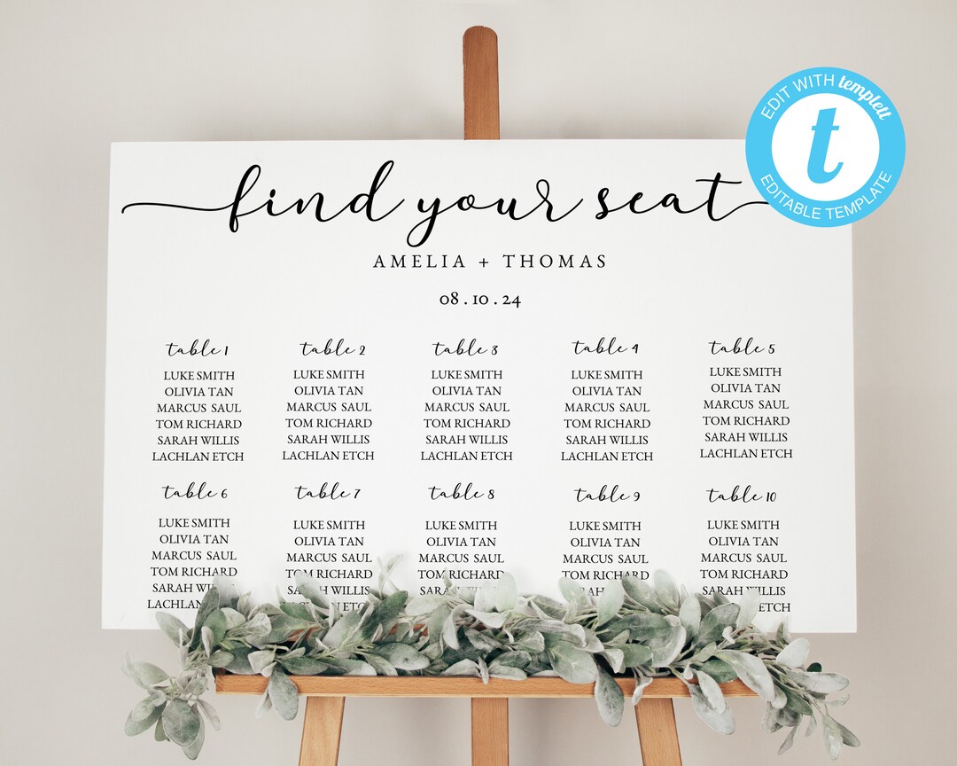 Find Your Seat Wedding Sign Template, Personalised Seating Chart ...