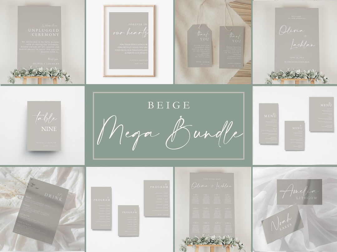 Modern Beige Wedding Bundle Template, Editable Minimalist Wedding ...