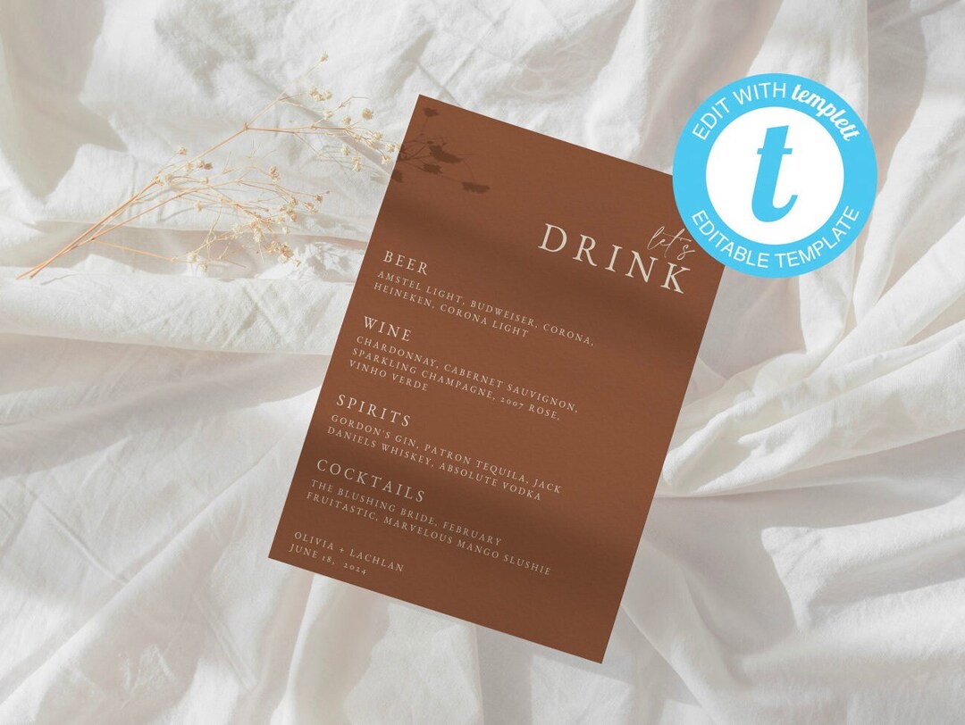 Printable Bar Menu for Wedding, Rust Let's Drink Template, Editable ...