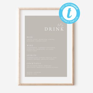 Printable Bar Menu for Wedding, Beige Let's Drink Template, Editable ...