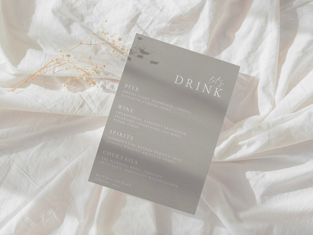 Printable Bar Menu for Wedding, Beige Let's Drink Template, Editable ...