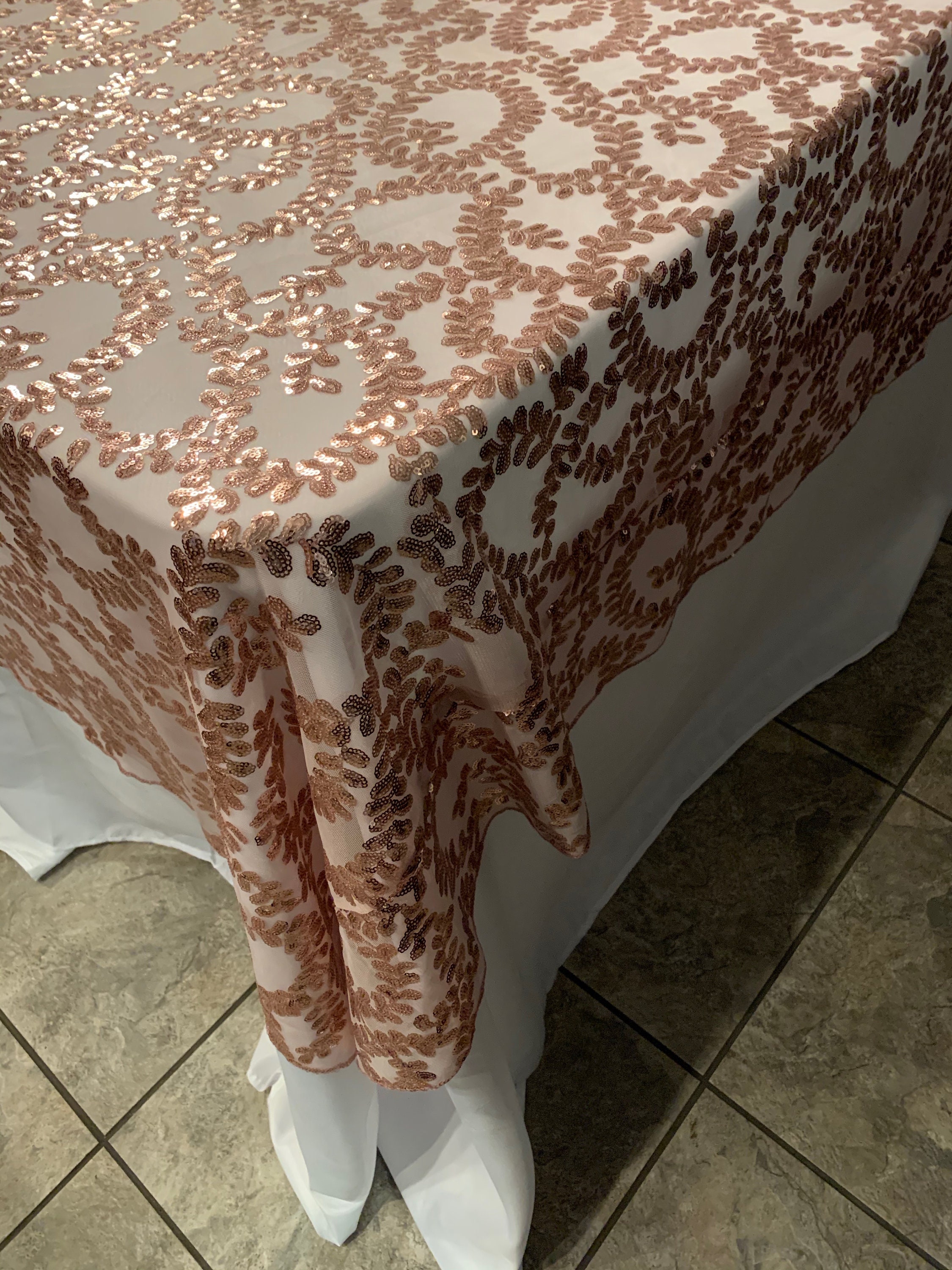 Shimmery Rose Gold Sequin Embroidered Tablecloth Overlay SET, Sparkly ...