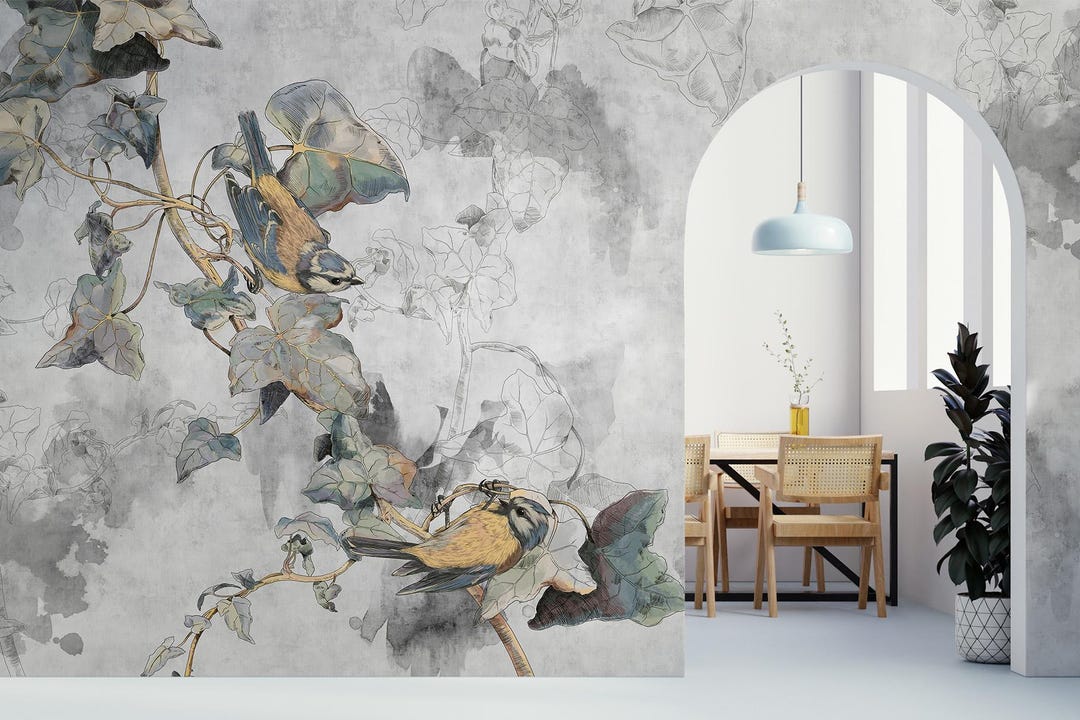 Watercolor Birds Wallpaper Mural, Vintage Botanical Wall Mural, Neutral ...