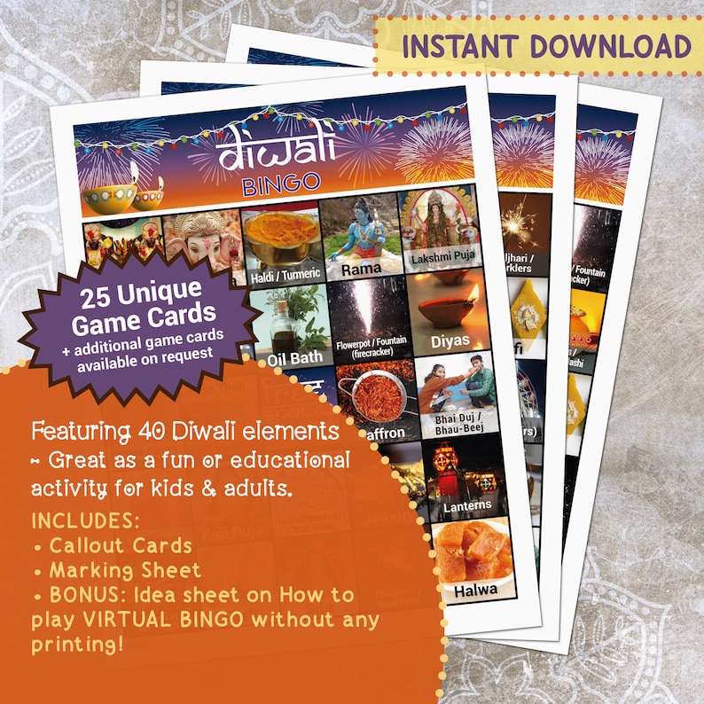 Diwali Bingo Game Printable Download Celebrate Virtual Happy Hour ...