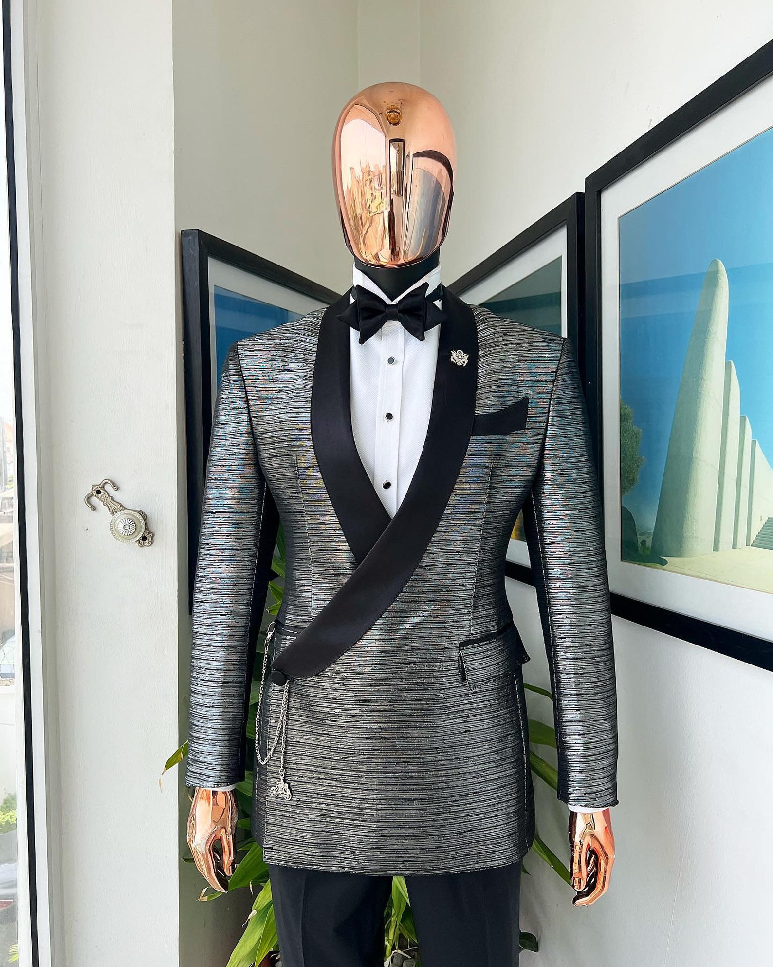 A Wire Metallic Silver and Black Jacquard, Lower Cut, Wrap Shawl Lapel ...