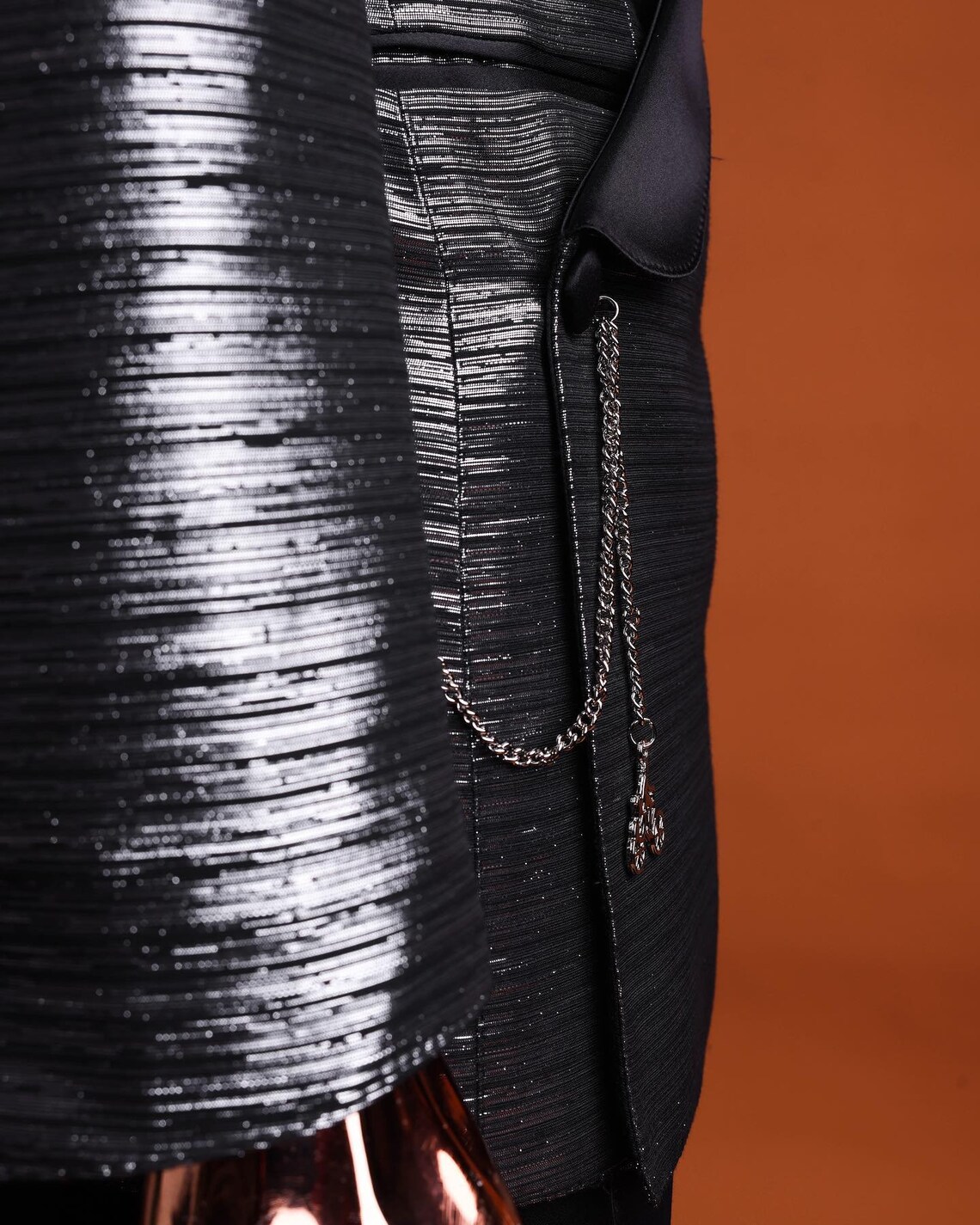 A Wire Metallic Silver and Black Jacquard, Lower Cut, Wrap Shawl Lapel ...