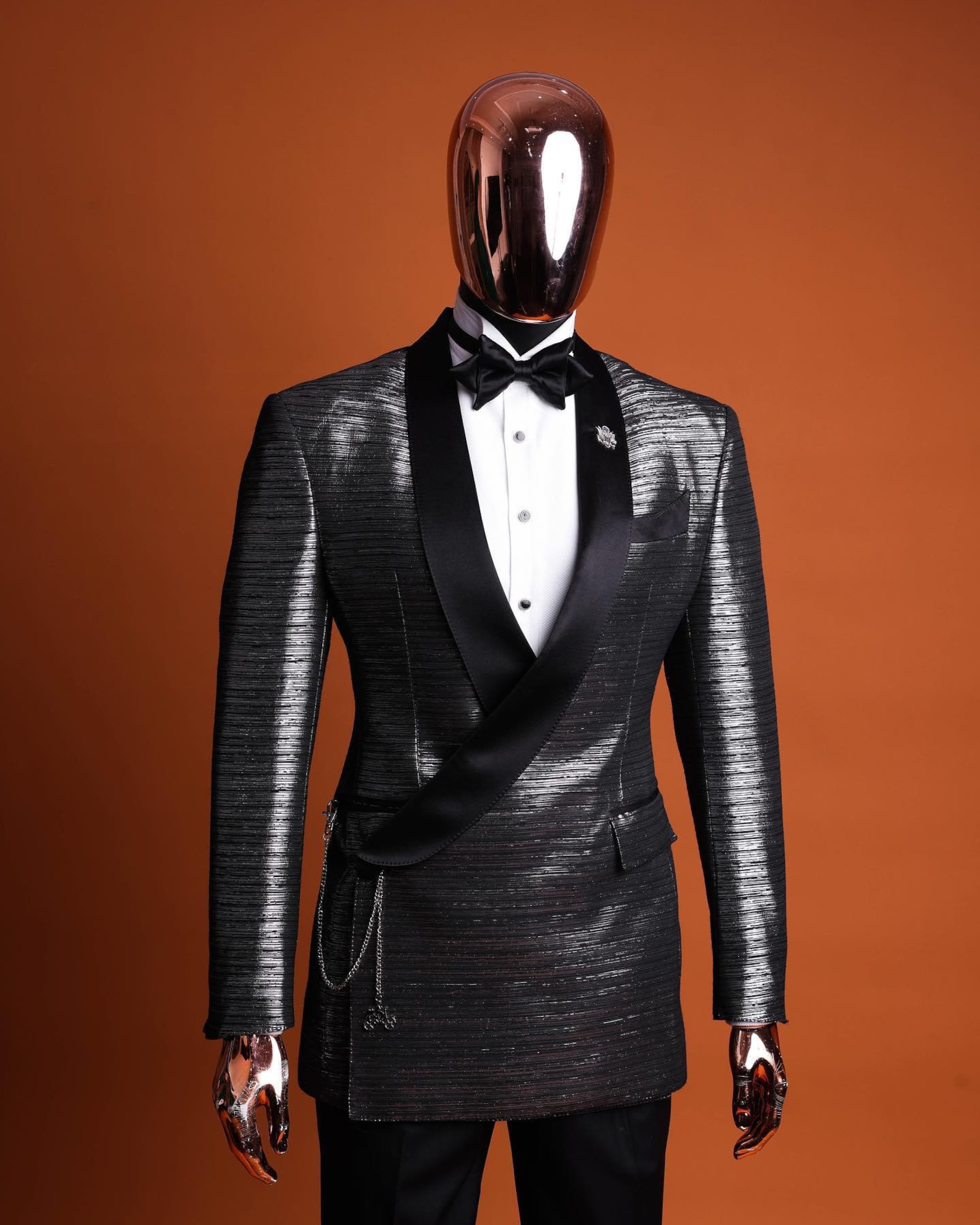 A Wire Metallic Silver and Black Jacquard, Lower Cut, Wrap Shawl Lapel ...