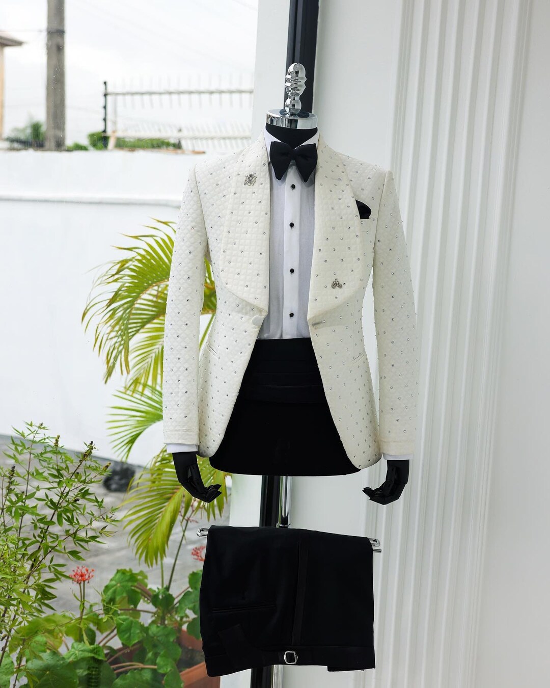 A Square Pattern Jacquard, Shawl Lapel Tuxedo Suit, Swarovski Stones ...
