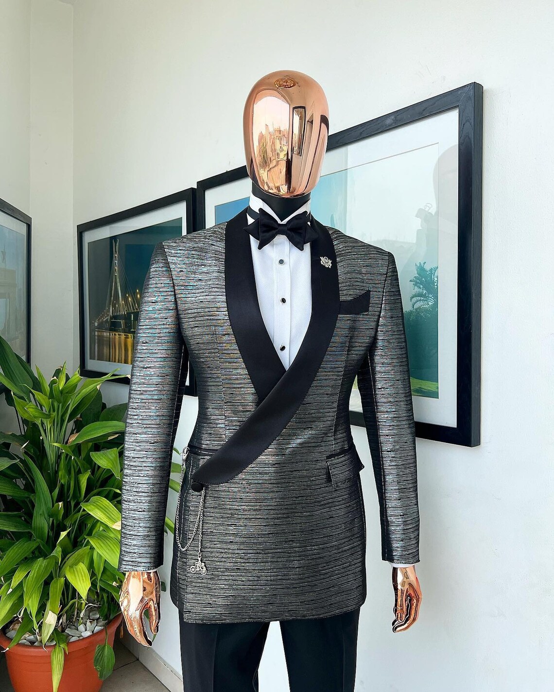 A Wire Metallic Silver and Black Jacquard, Lower Cut, Wrap Shawl Lapel ...