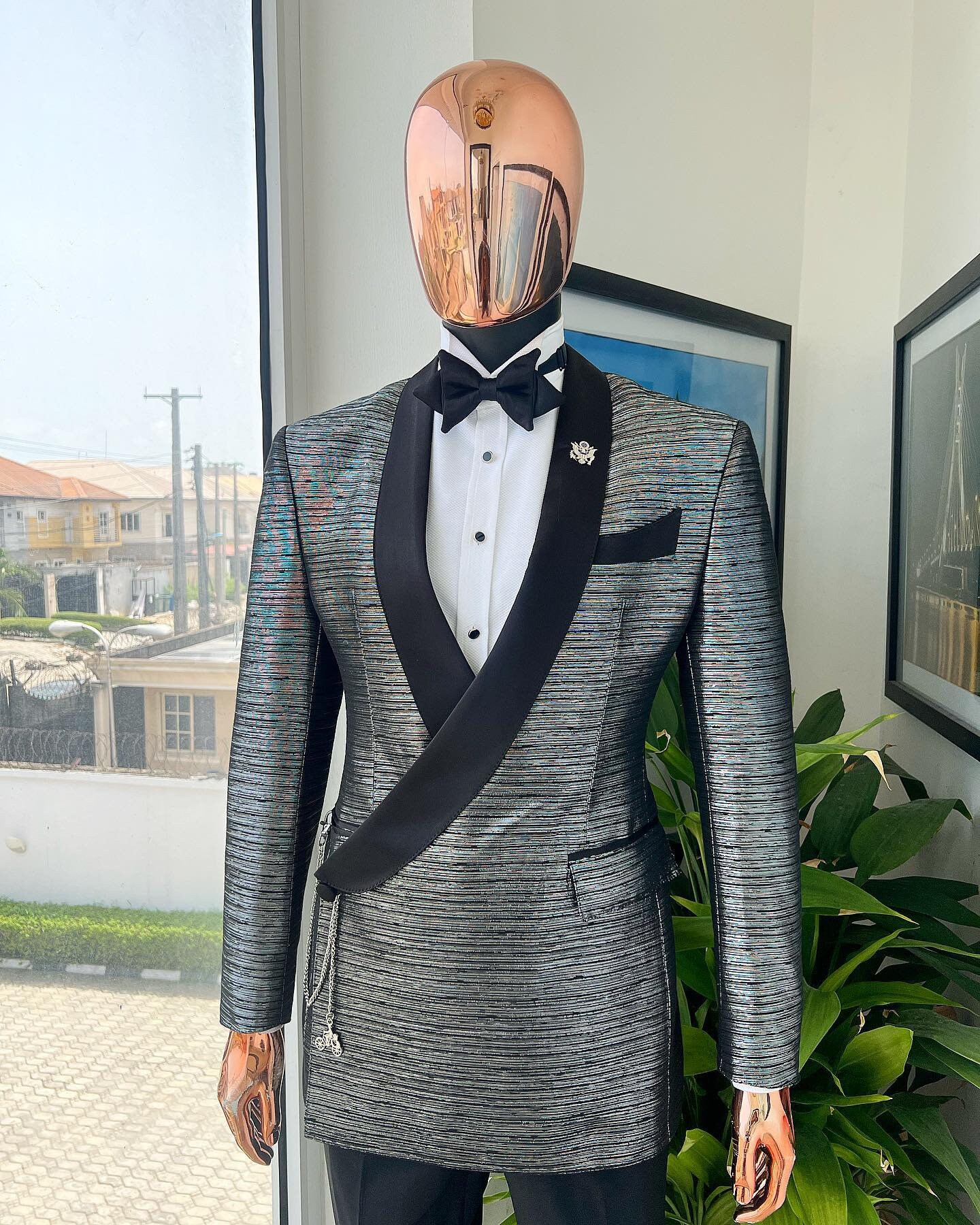 A Wire Metallic Silver and Black Jacquard, Lower Cut, Wrap Shawl Lapel ...