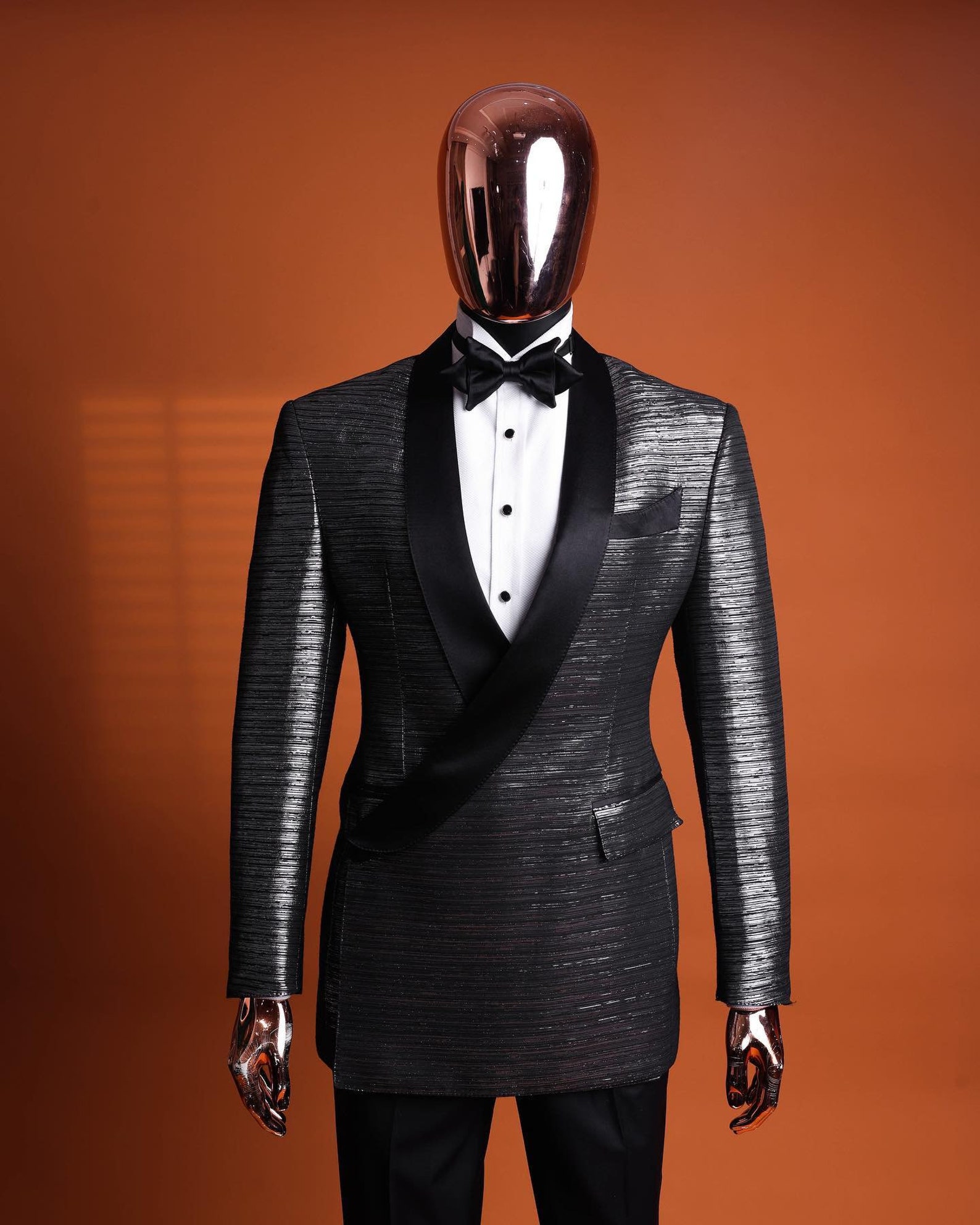 A Wire Metallic Silver and Black Jacquard, Lower Cut, Wrap Shawl Lapel ...