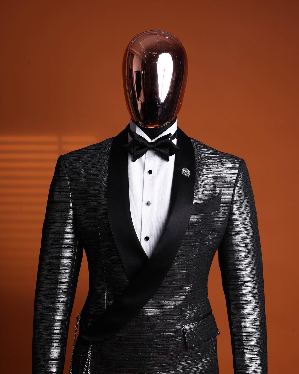 A Wire Metallic Silver and Black Jacquard, Lower Cut, Wrap Shawl Lapel ...