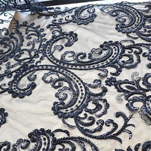 Black Gothic Beaded Lace Fabric, Ivory White Heavy Beading Embroidery ...