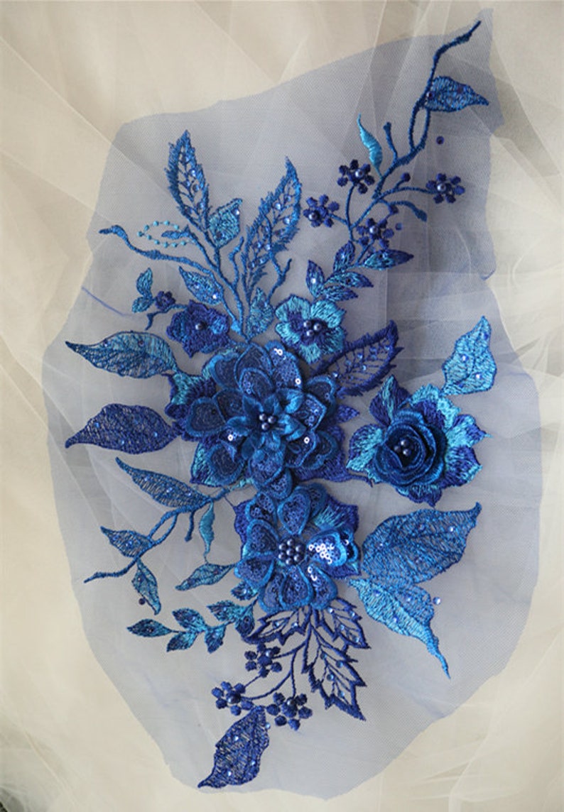 Royal Blue 3D Flowers Lace Applique, 3D Lace Beaded Applique for for ...