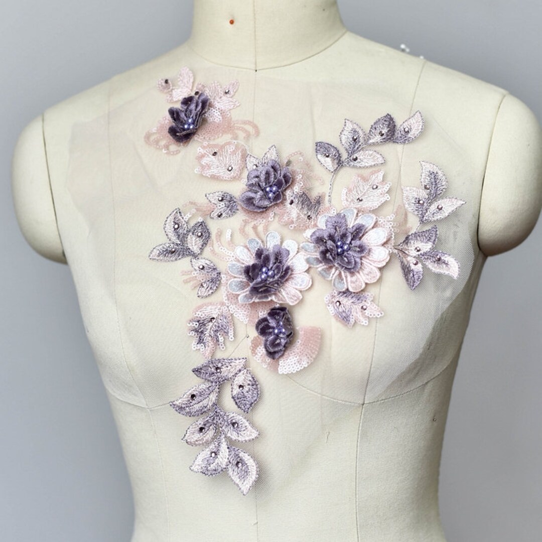 Pink With Purple 3D Applique, 3d Flowers Beaded Lace Applique for ...