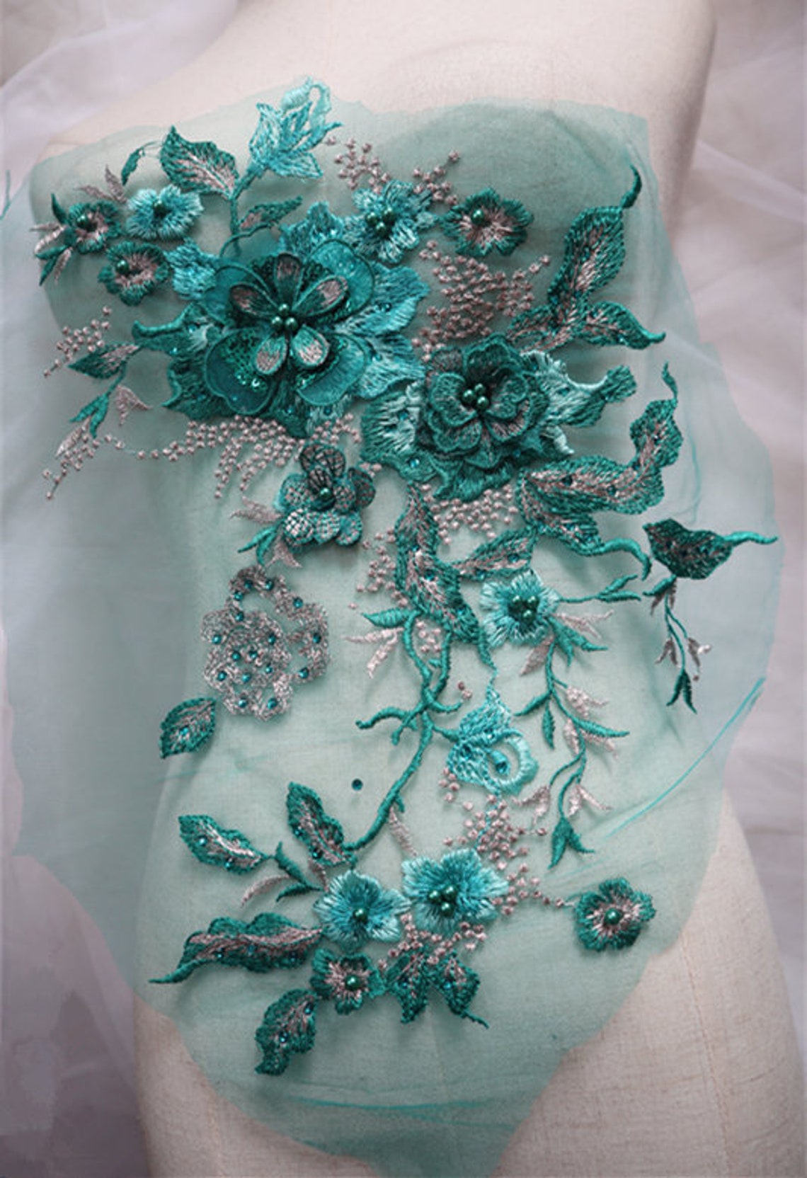 Green 3D Flowers Applique Pastel Pink Embroidery Beaded Lace | Etsy