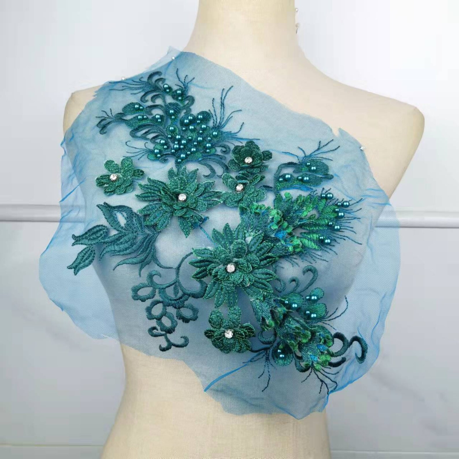 Green 3D Lace Applique Emerald Green Beaded Shoulder Applique - Etsy